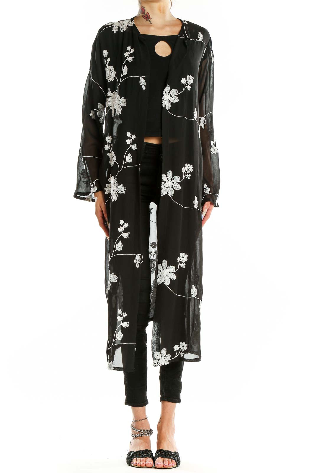 Black Floral Embroidered Long Sheer Cardigan – SilkRoll