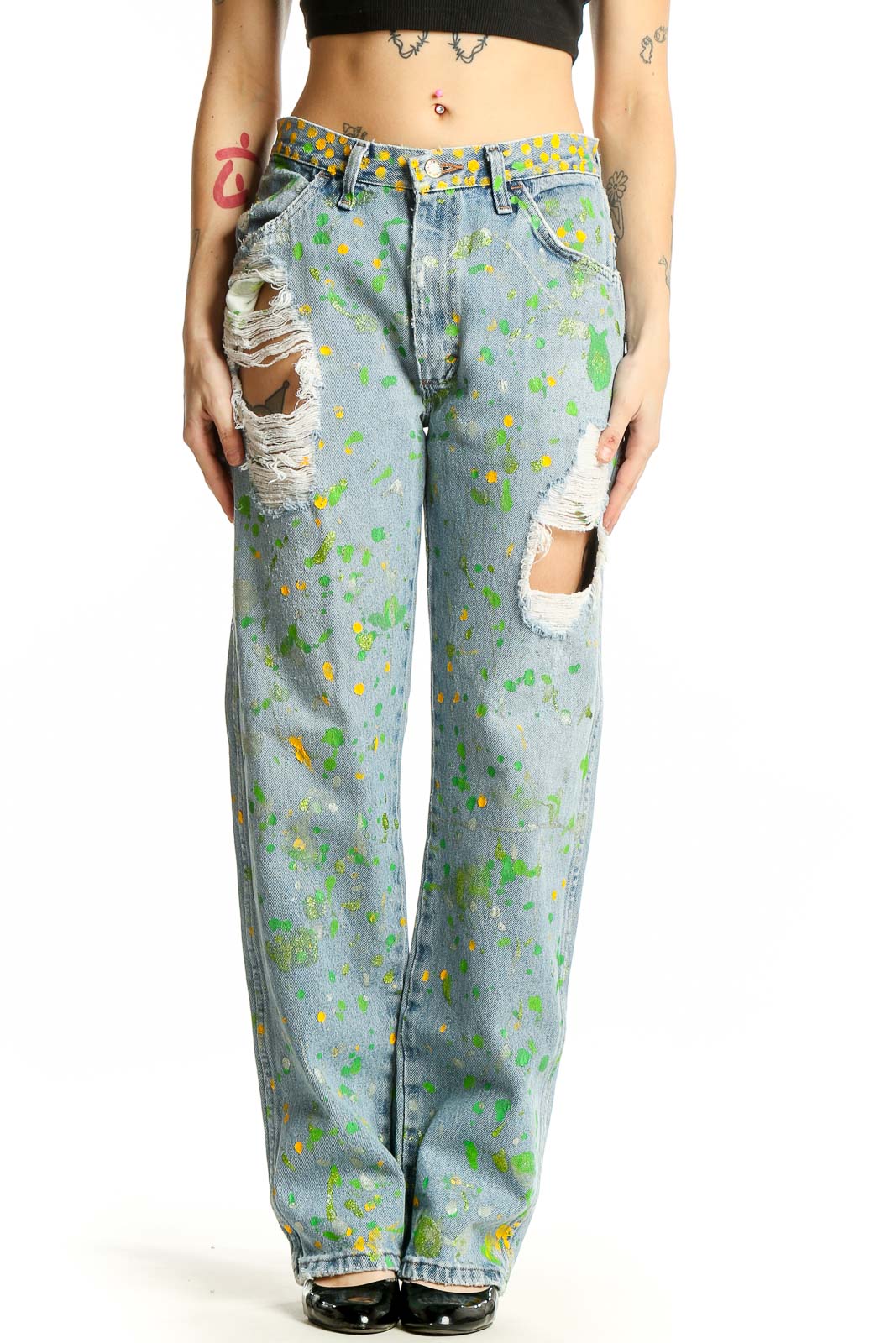 Jacinta Bunnell Light Blue Splatter Paint Distressed Jeans | Unique ...